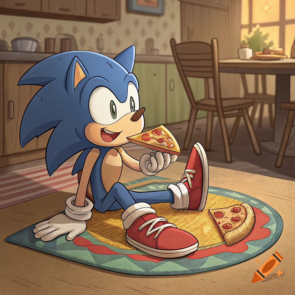 Fat Shadow the Hedgehog sits on a brown armchair, eating fries from a ...