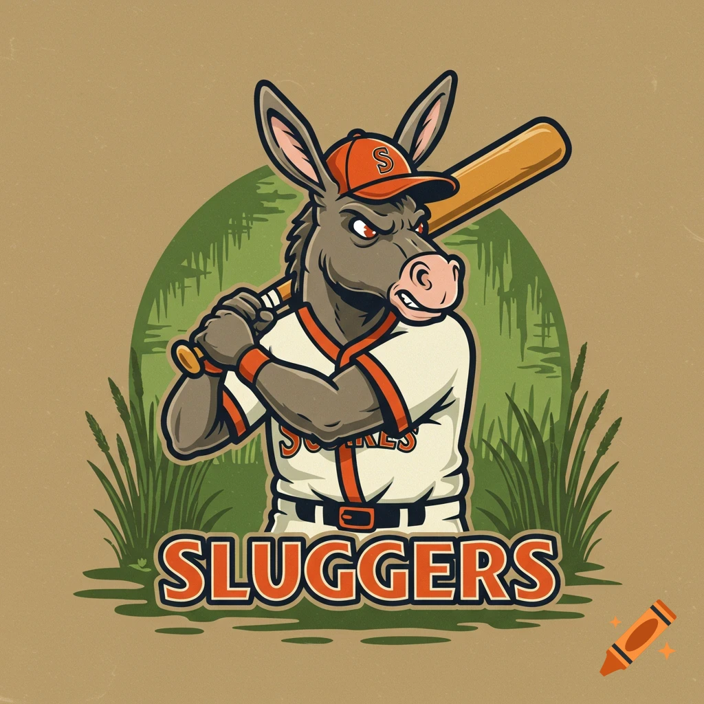 Cartoon donkey baseball mascot holding a bat with 'SLUGGERS' text below ...