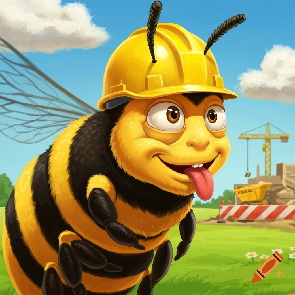 A cartoon bee wearing a construction hat and sticking its tongue out ...
