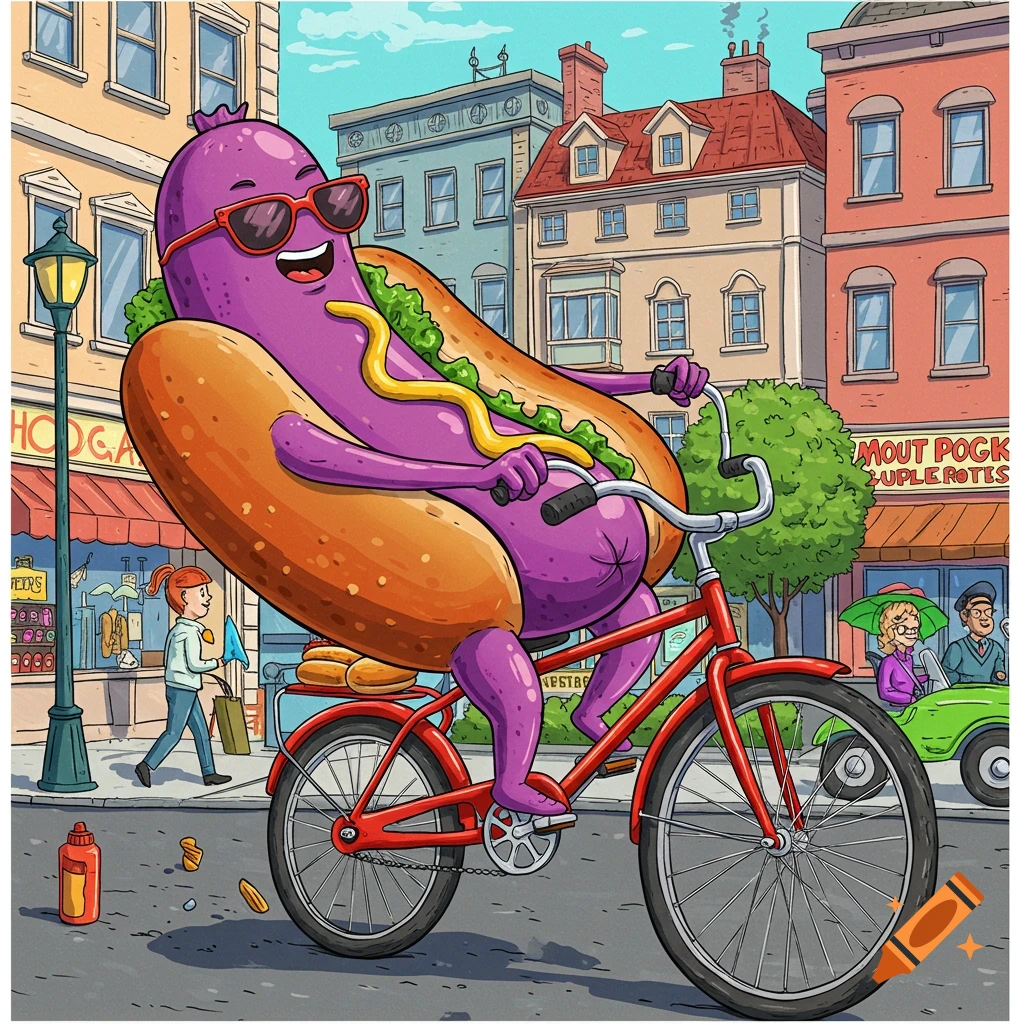Purple hotdog riding a big wheeled bicycle in the city on Craiyon
