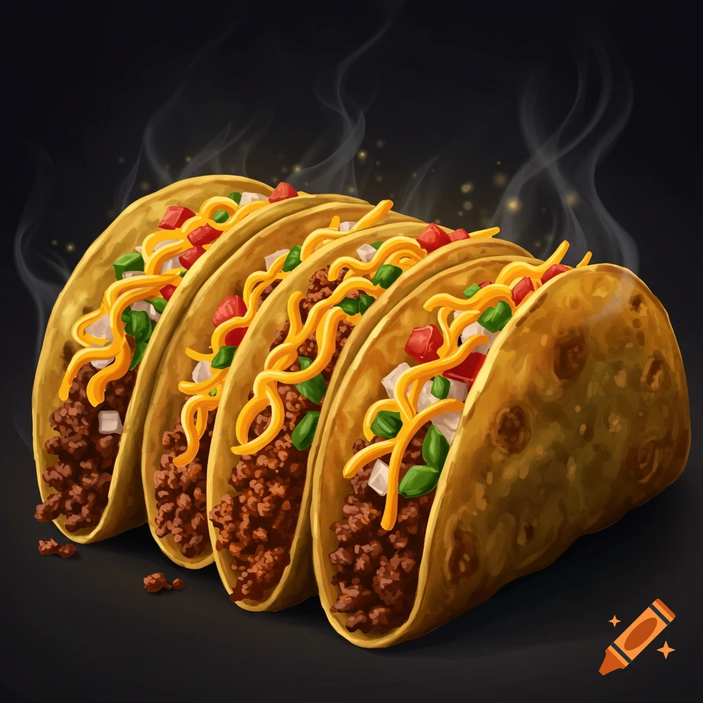 An appetizing illustration of several steaming tacos filled with meat ...