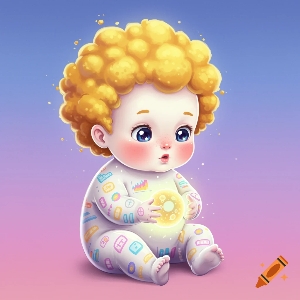 Whimsical illustration of a baby in a onesie with data patterns holding ...