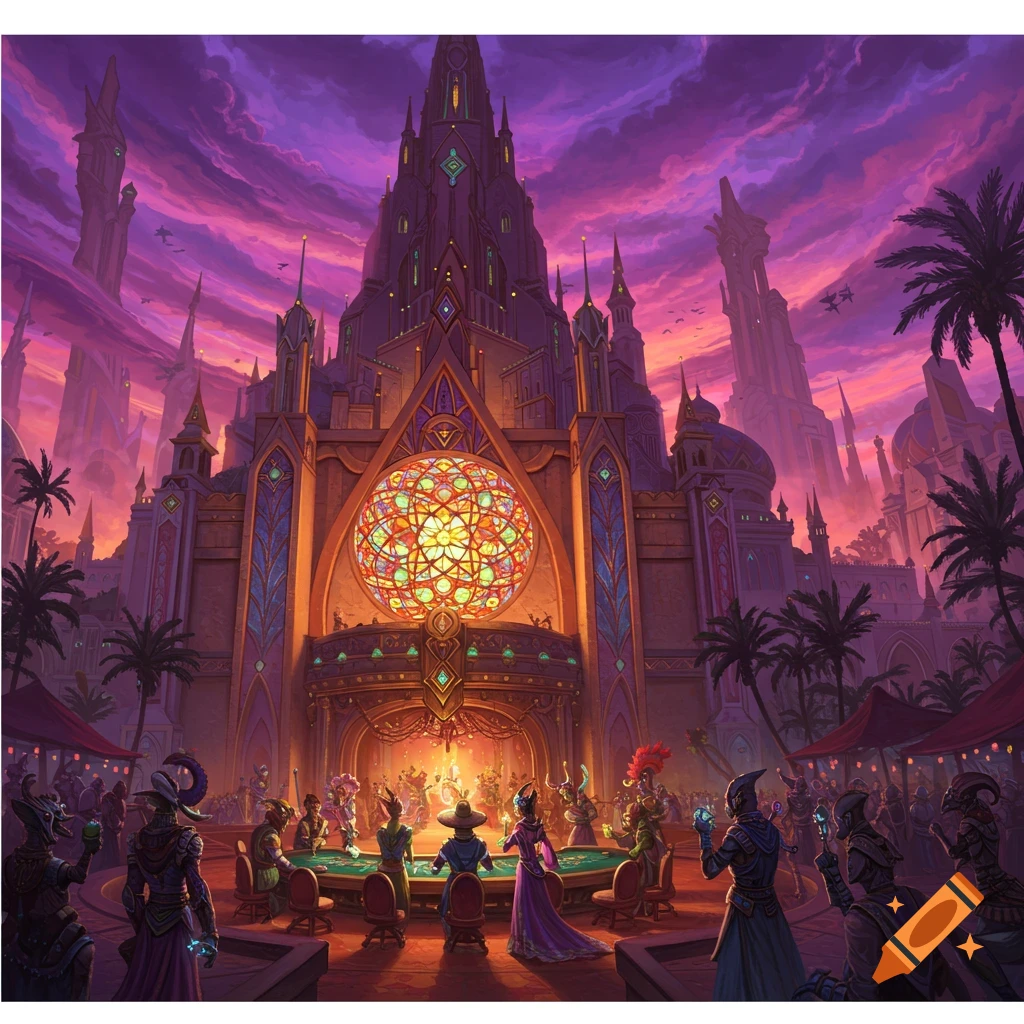 A large fantasy casino with a crowd gathered outside under a dramatic ...