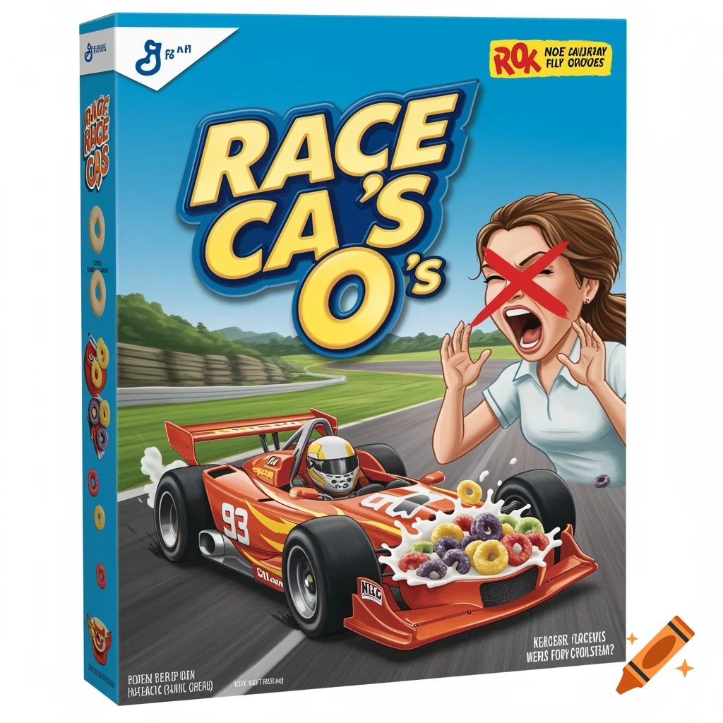 Race Car O's cereal box with race car and censored woman on Craiyon