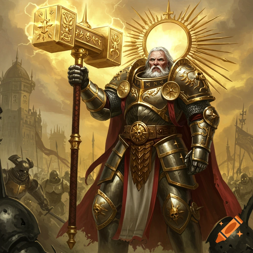 A knight in red and gold armor rides a black horse into battle, holding ...