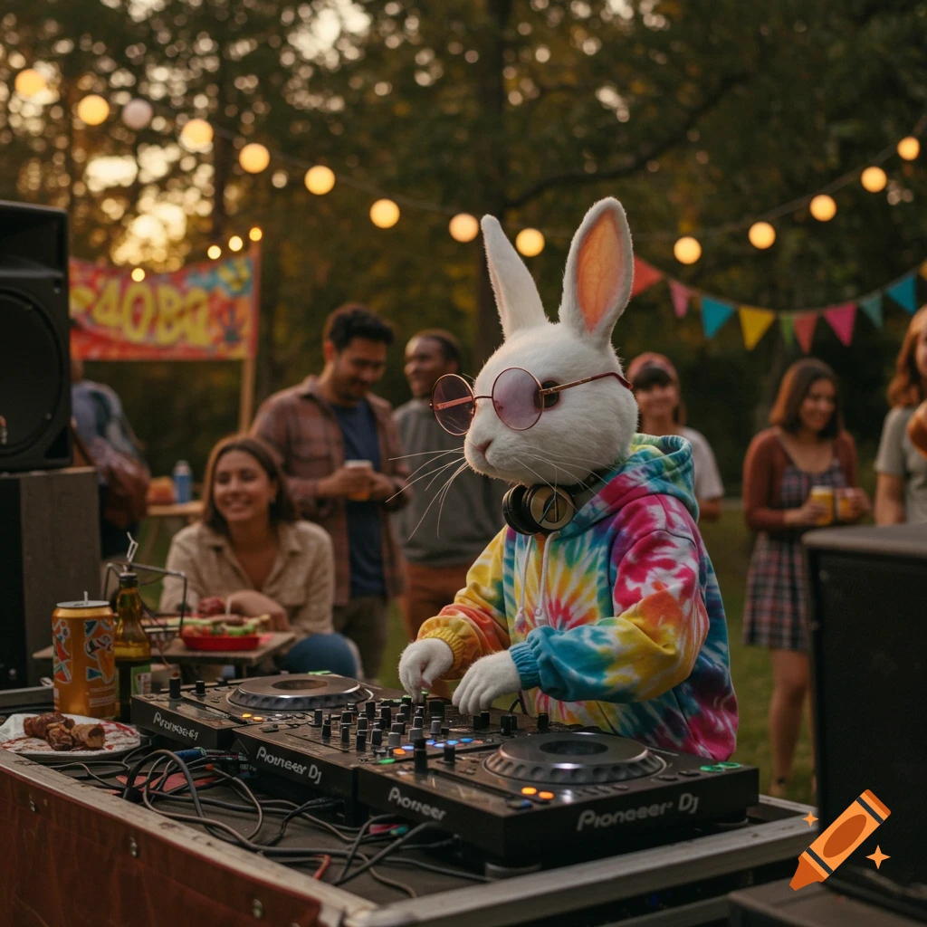 Woman and man DJing at a music festival with a cheering crowd on Craiyon
