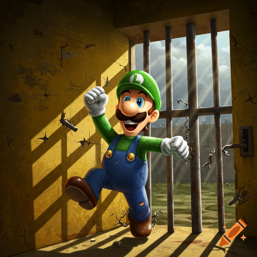 Cartoon character Luigi breaks free from a prison cell, raising his ...