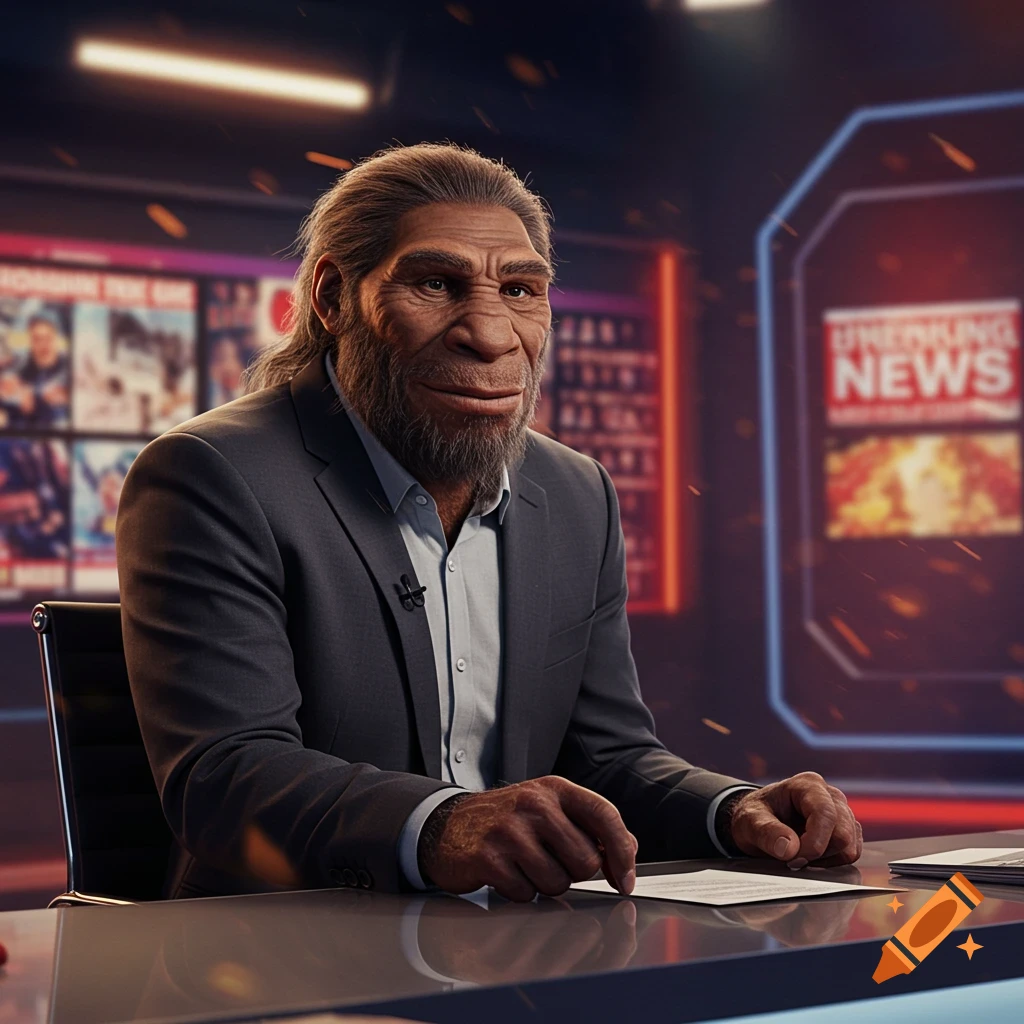 A Neanderthal man in a suit sits at a news desk in a studio. on Craiyon