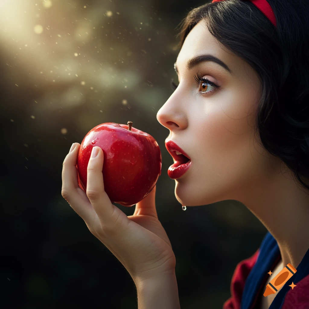 Close-up of Snow White with a red apple, a drop of juice on her lip ...