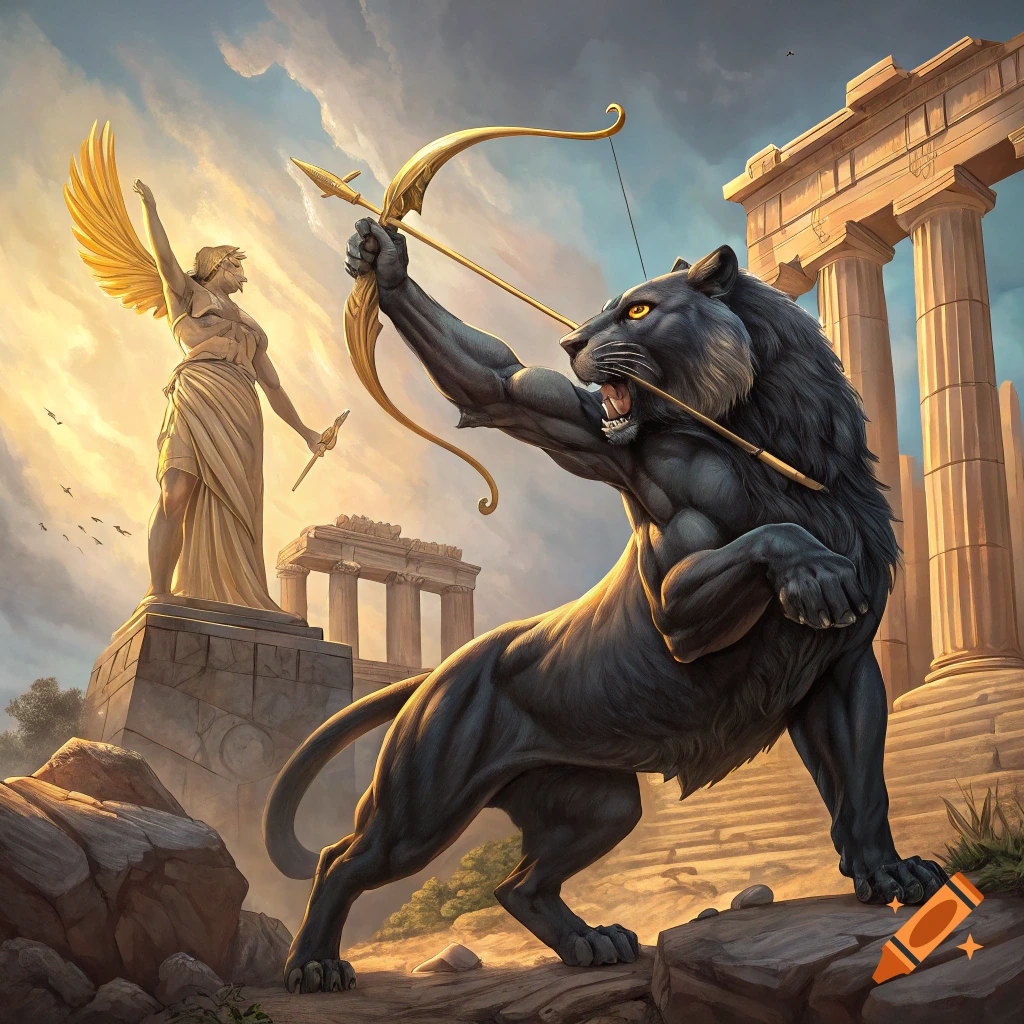 Black panther interacting with winged centaur shooting golden arrow ...