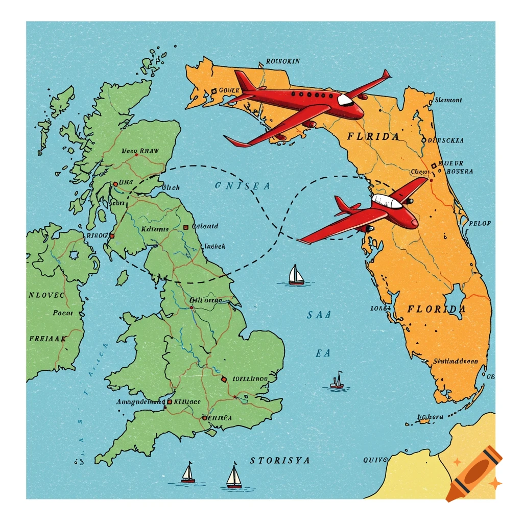 Map of UK and Florida connected by flying plane drawing on Craiyon