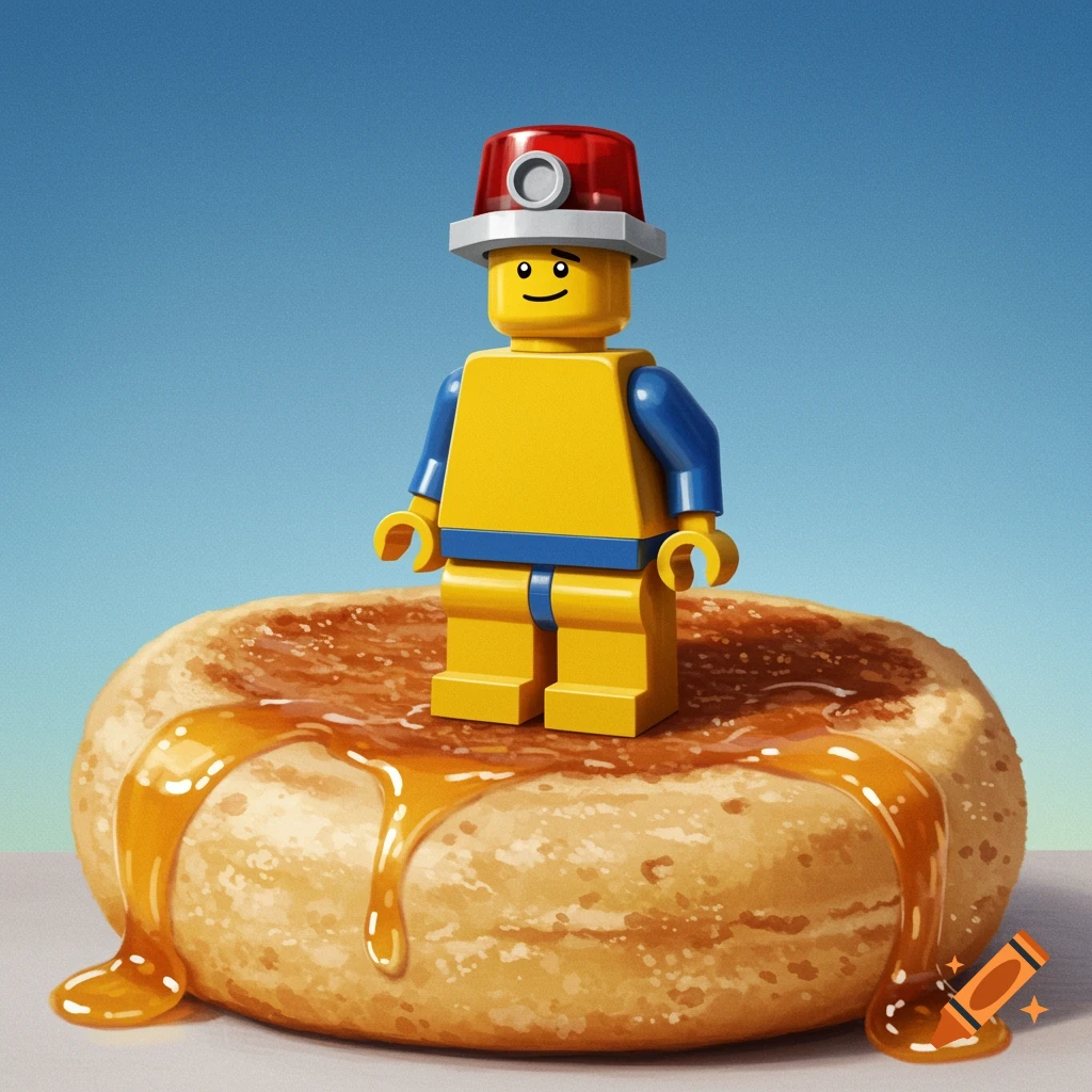 Lego minifigure with red siren hat stands on an English muffin on Craiyon