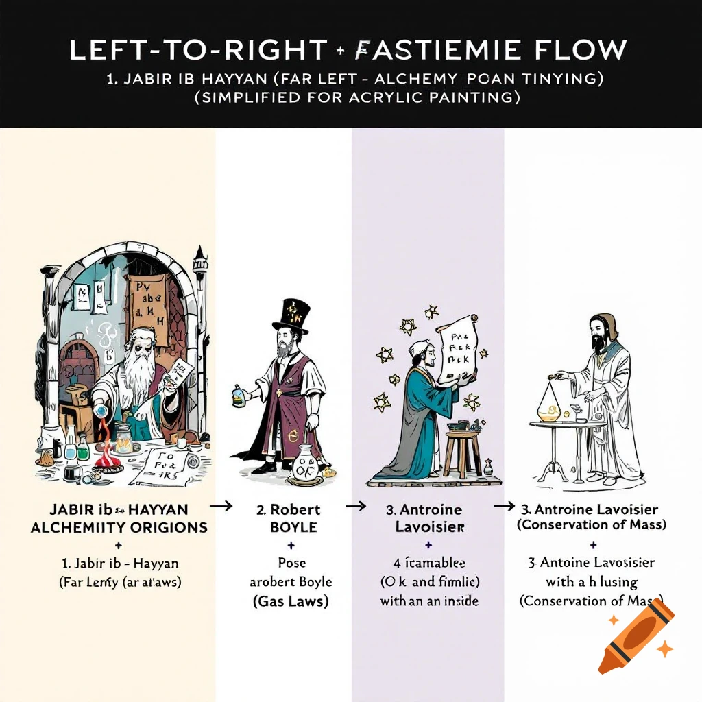 Acrylic painting of a timeline featuring Jabir ibn Hayyan, Robert Boyle ...