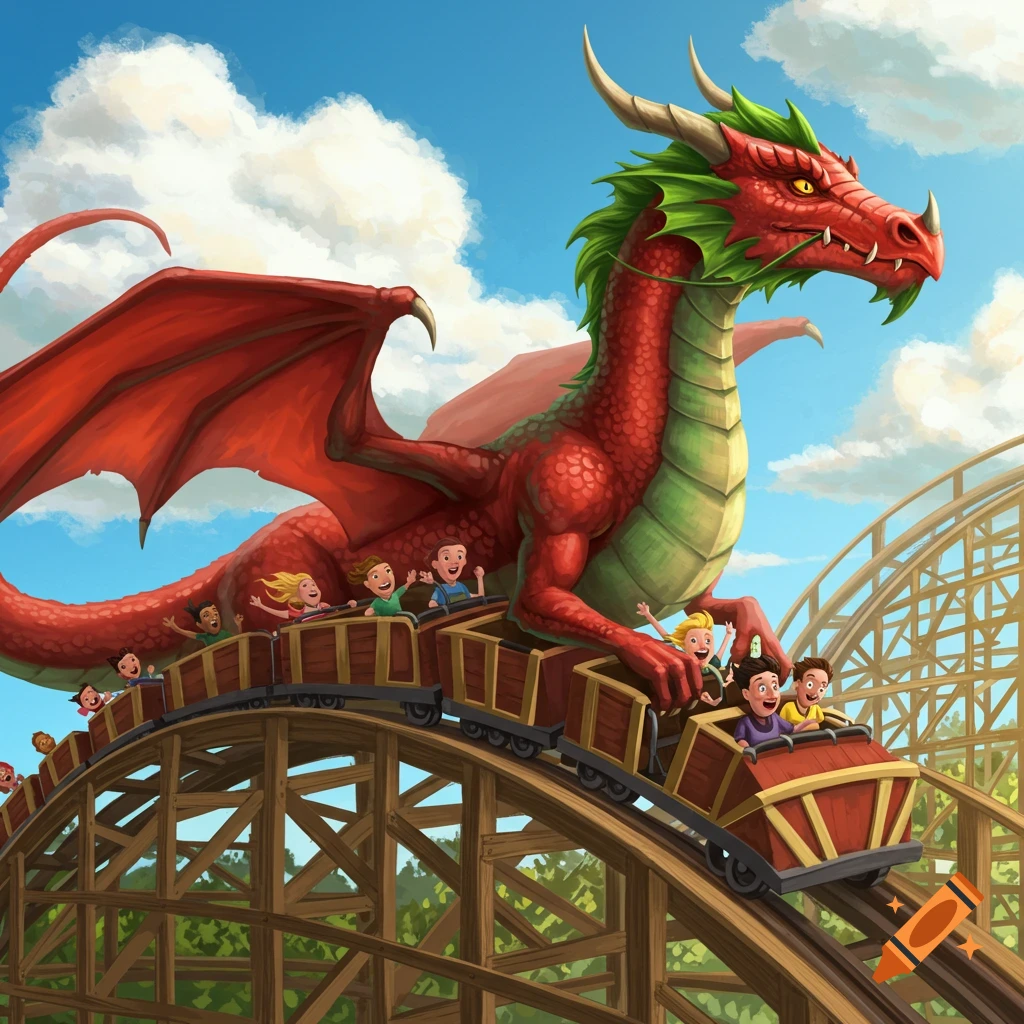 Red dragon riding a rollercoaster on Craiyon