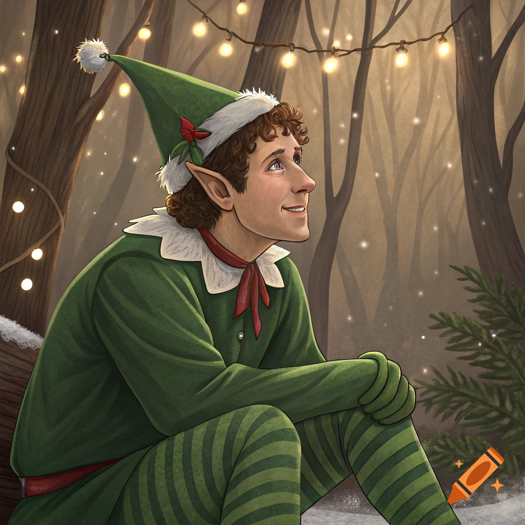 An illustration of a cheerful elf in red and green running through a ...