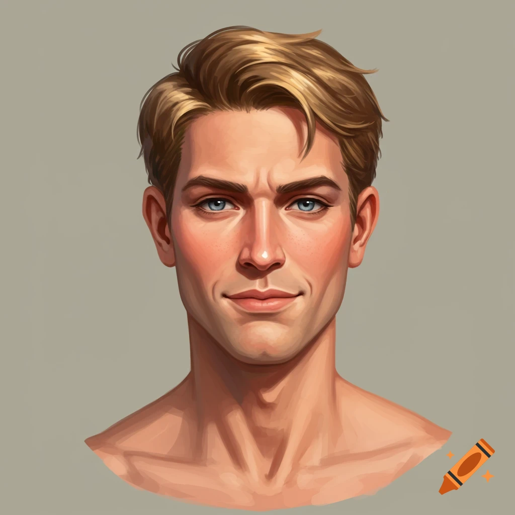 Portrait of a man with strong facial features, light brown hair, and a ...