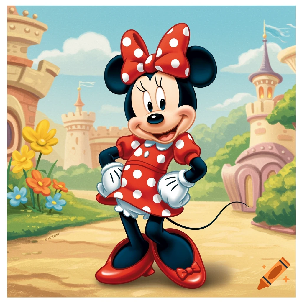 Minnie Mouse on a sunny cartoon beach with palm trees, ocean waves, a ...