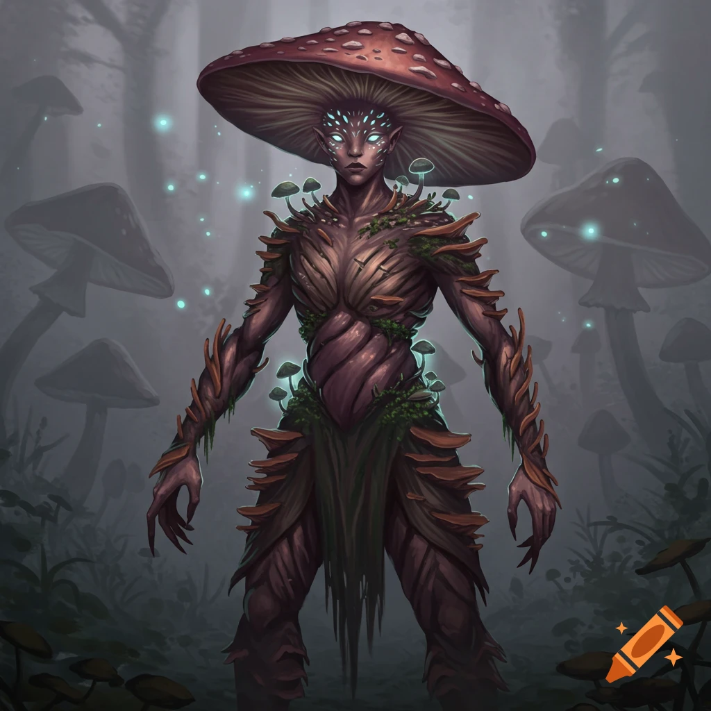 Fungal humanoid with mushrooms and spores in misty forest on Craiyon