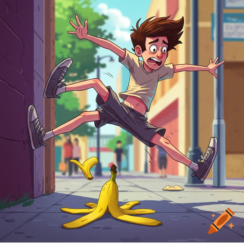 Cartoon person slipping on a banana peel on a sidewalk on Craiyon