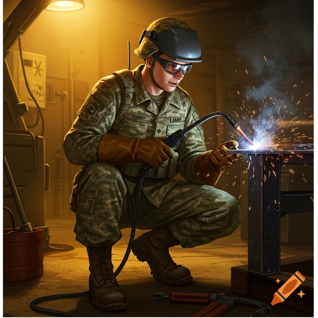 A soldier welding metal in a workshop. on Craiyon