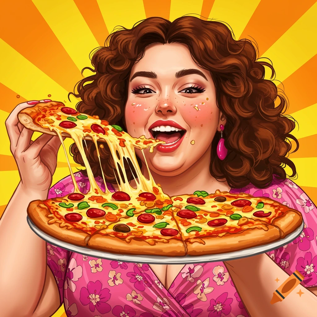 Vibrant pop art illustration of a happy woman eating a cheesy slice of ...