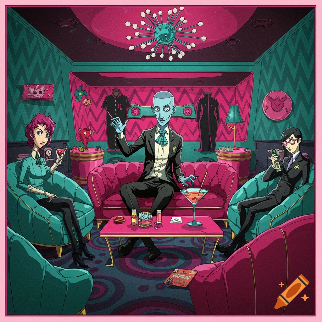 Postmodern Velvet Room reinterpretation in Shag art style, retro ...