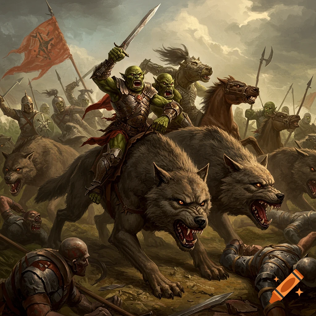 Armored anthro tiger, wolves, and bears riding armored war beasts in a fantasy battle scene. on ...