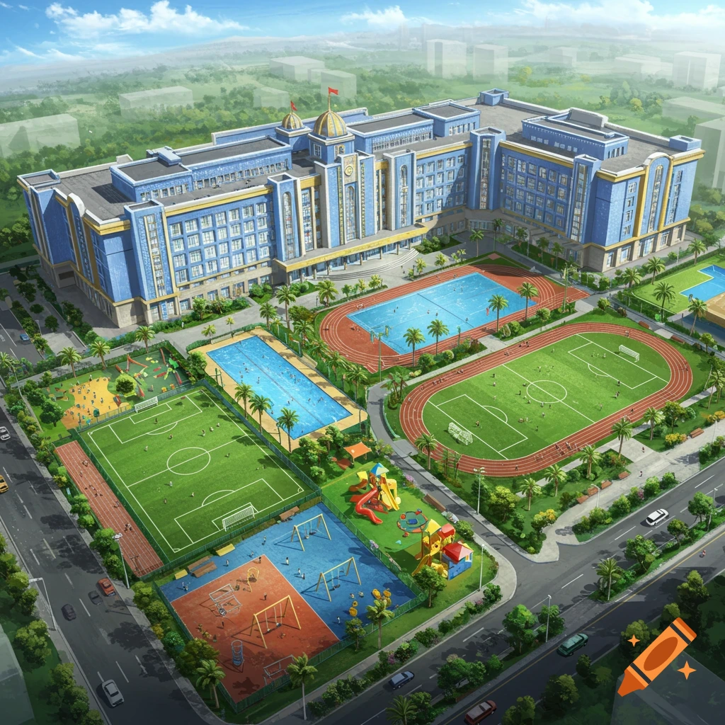 Aerial view of a large blue and gold school building with sports fields ...