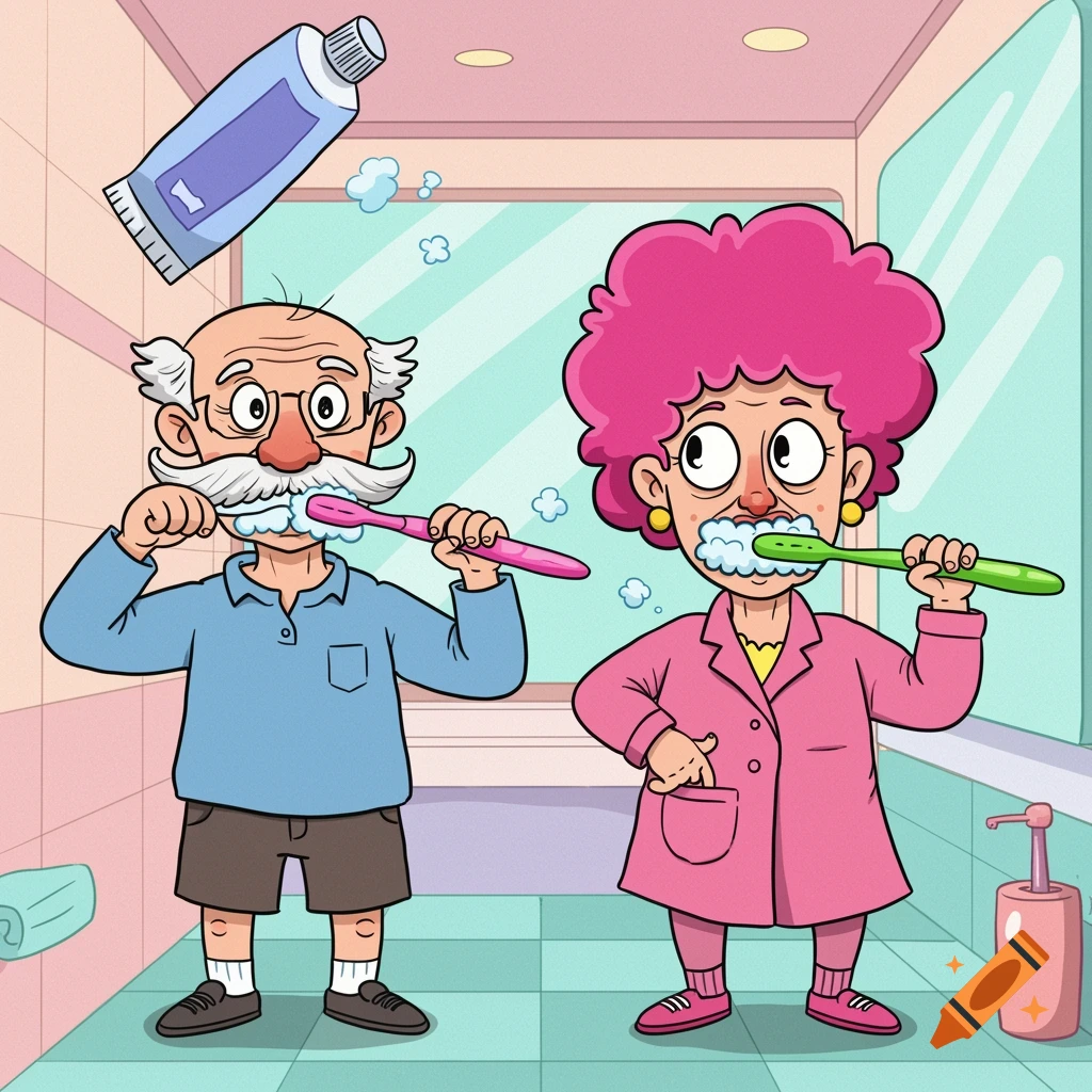 Cartoon of elderly people brushing their teeth on Craiyon