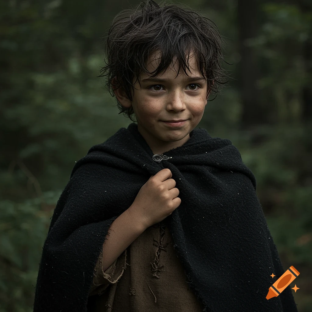 Realistic 8-year-old boy with dark hair and cloak on Craiyon