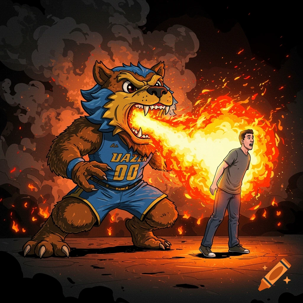 UAB mascot breathing fire at a tall man illustration on Craiyon