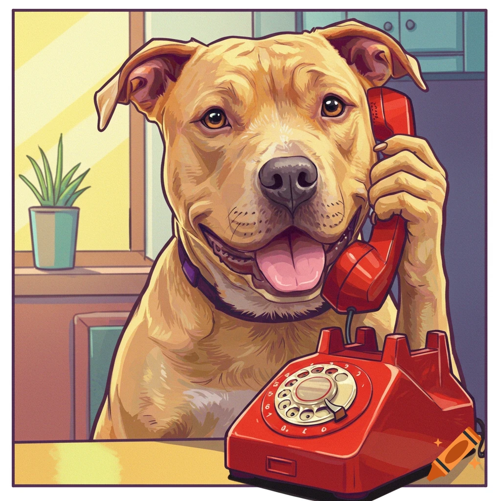 A pitbull dog holding a red rotary phone. on Craiyon