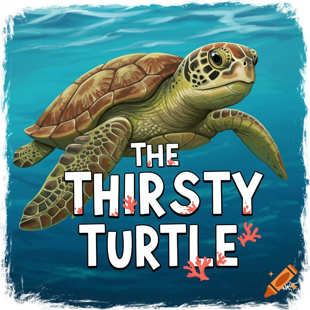 Illustration of cartoon sea turtles swimming underwater with text on Craiyon
