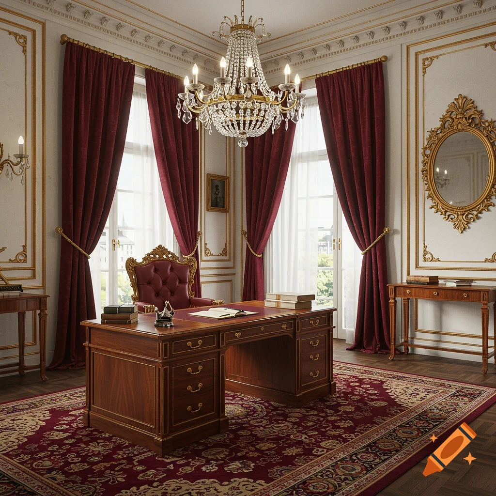Ornate elegant office with burgundy curtains and white walls on Craiyon