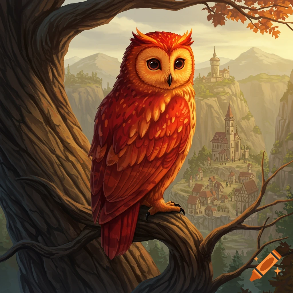 Fire owl on a tree overlooking a distant town on Craiyon