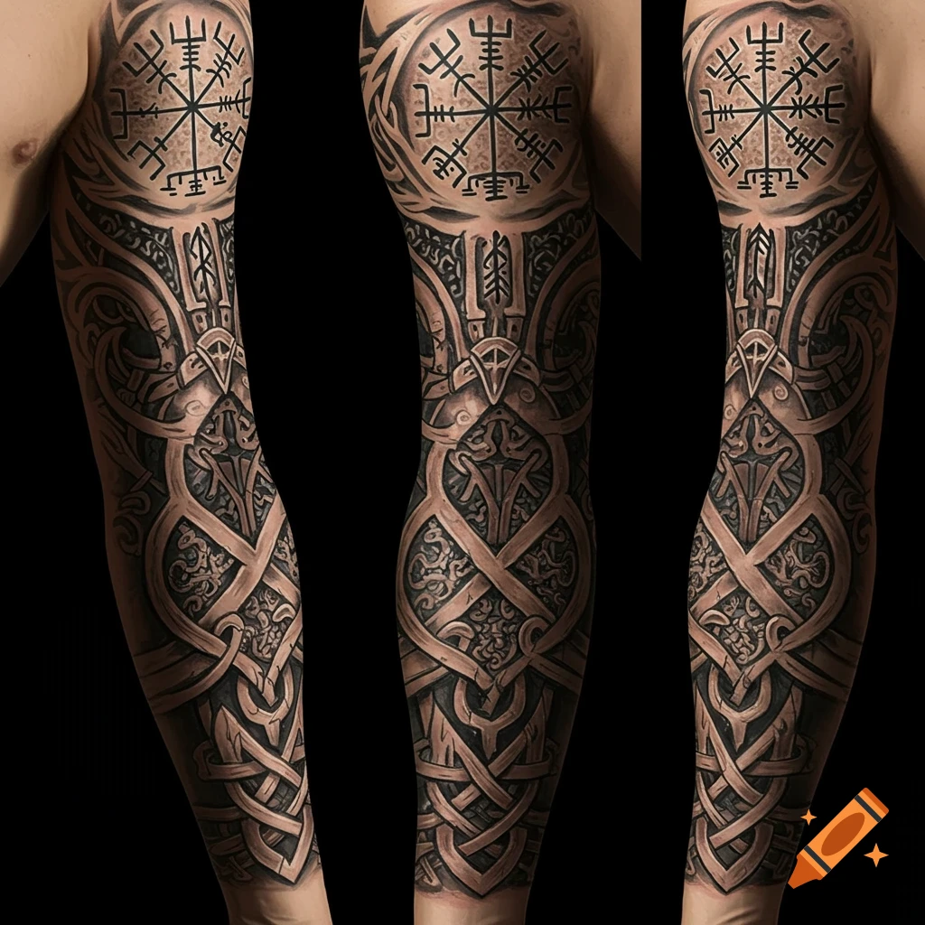 Arm sleeve tattoo with Genesis verses in Elder Futhark runes on Craiyon