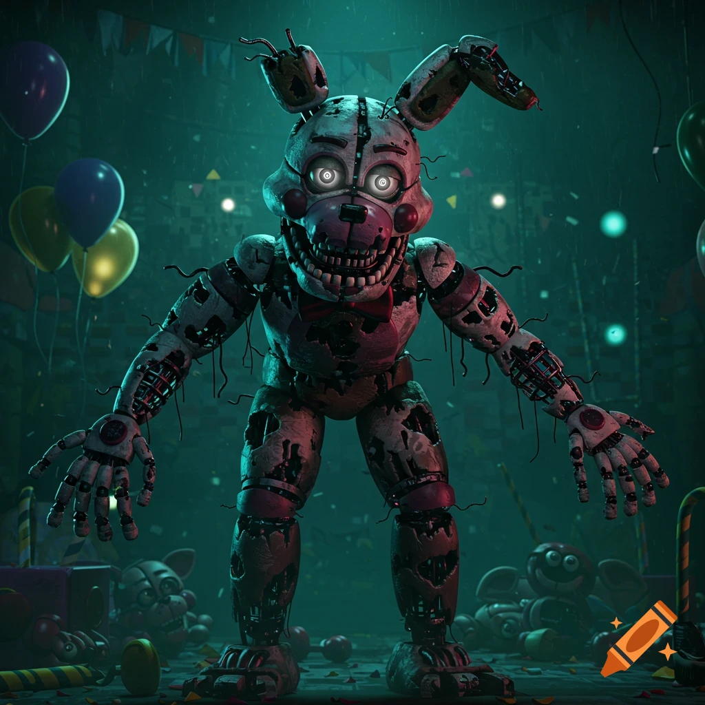 A damaged bunny animatronic with glowing eyes stands in a creepy room ...