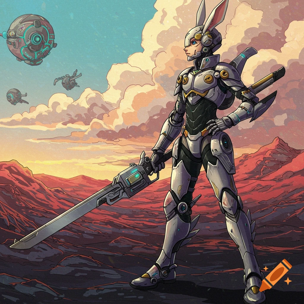 A mecha figure made of colorful strings stands with a hooked sword. on ...