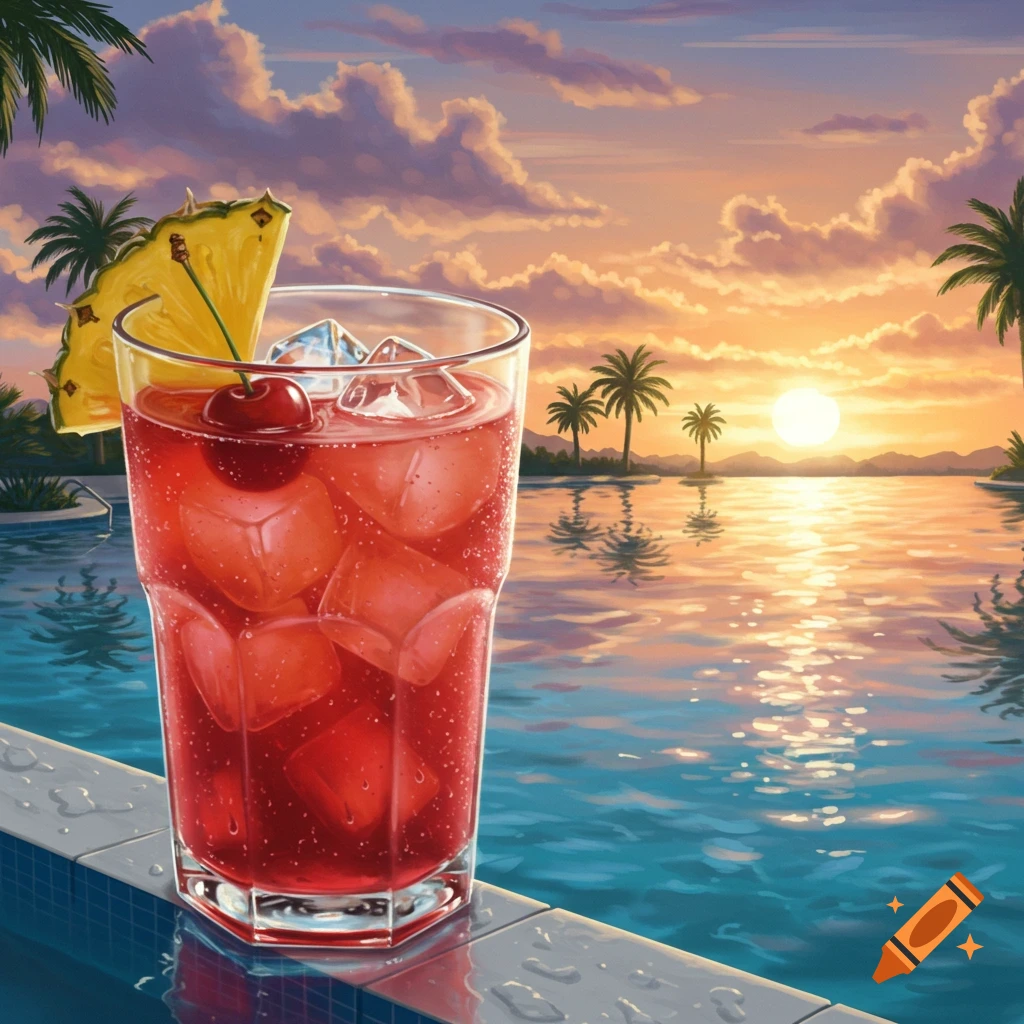 Cherry pineapple lemonade by pool at sunset on Craiyon