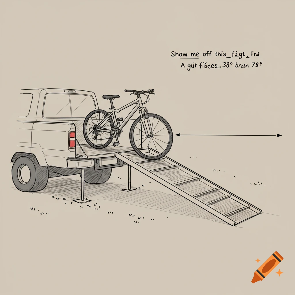 Sketch of a bike being loaded into a truck using a ramp with dimensions ...