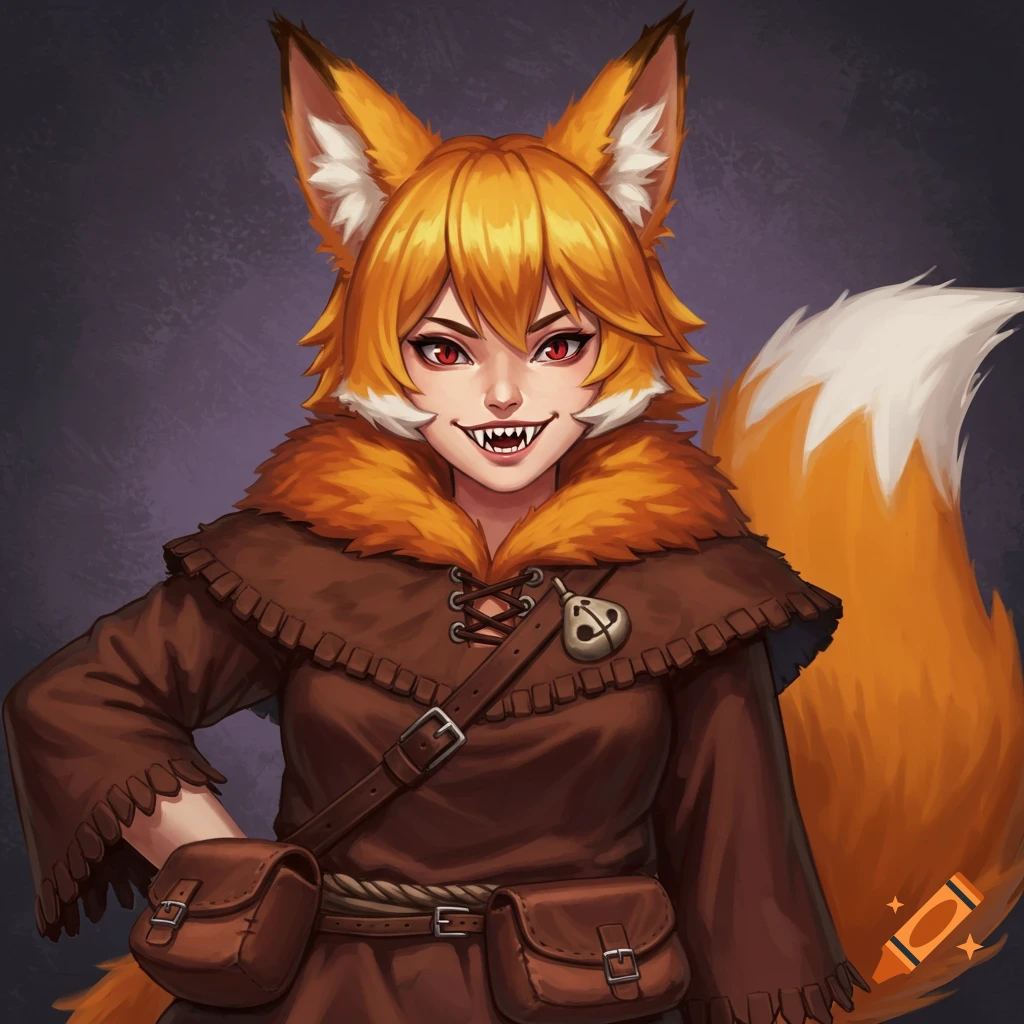 Anime woman with fox ears and tail in tunic on Craiyon