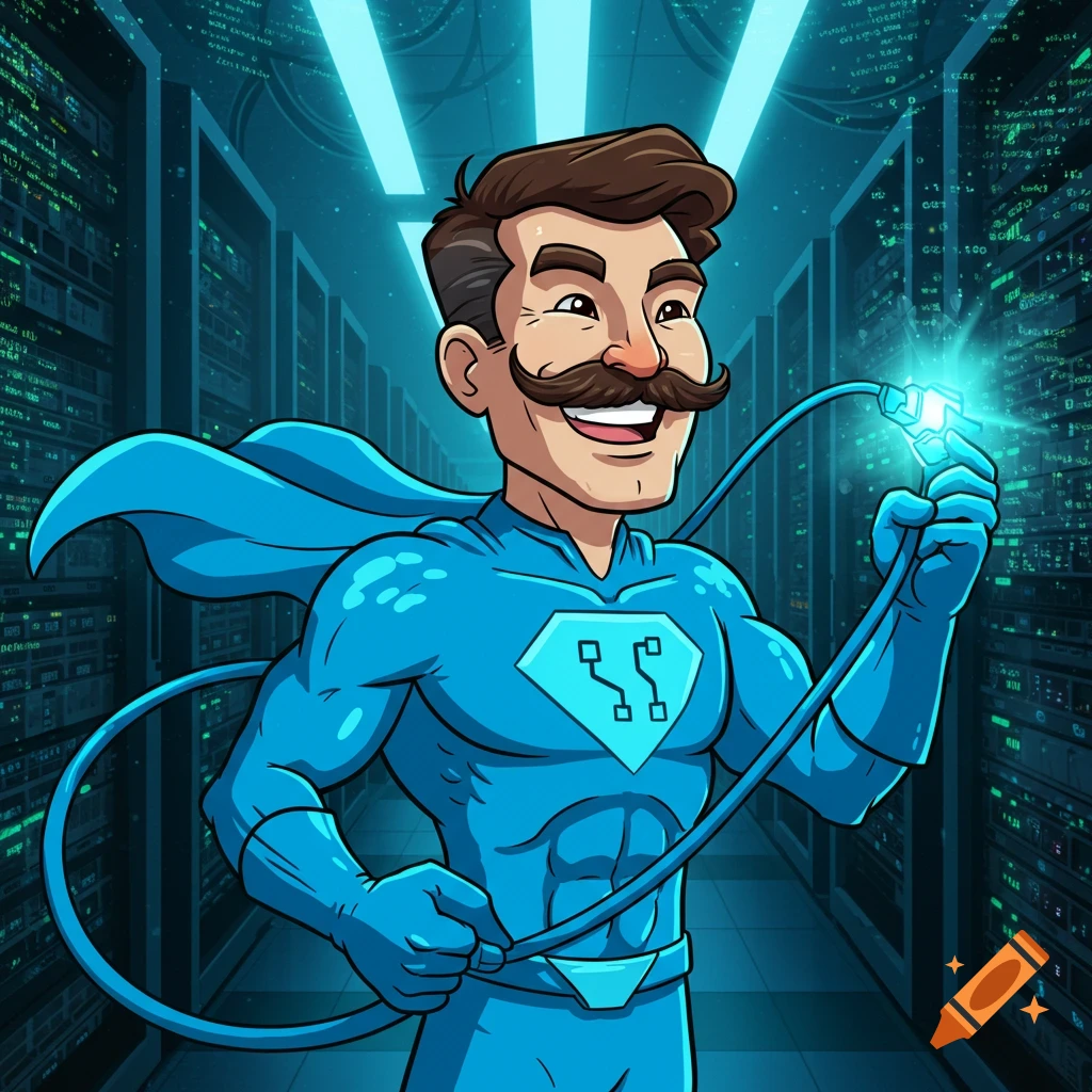 Cartoon superhero with mustache in blue suit holds glowing cable in ...