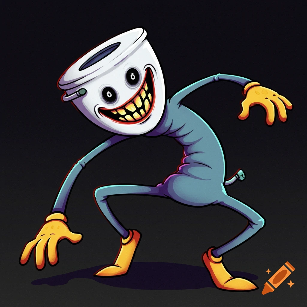 A bizarre creature with a toilet bowl head, blue body, and yellow hands ...