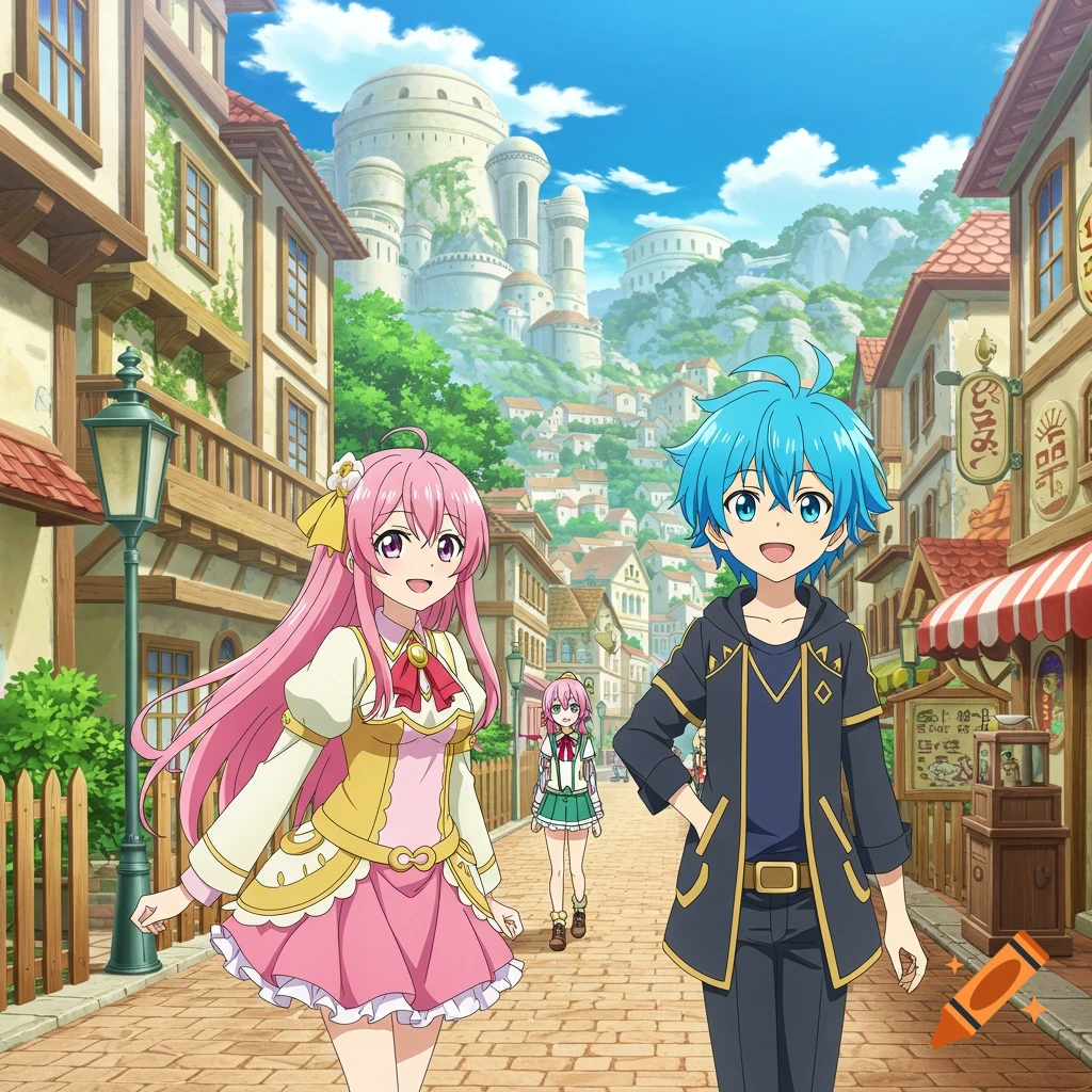 Anime characters, a boy and two girls, walk through a cobblestone ...