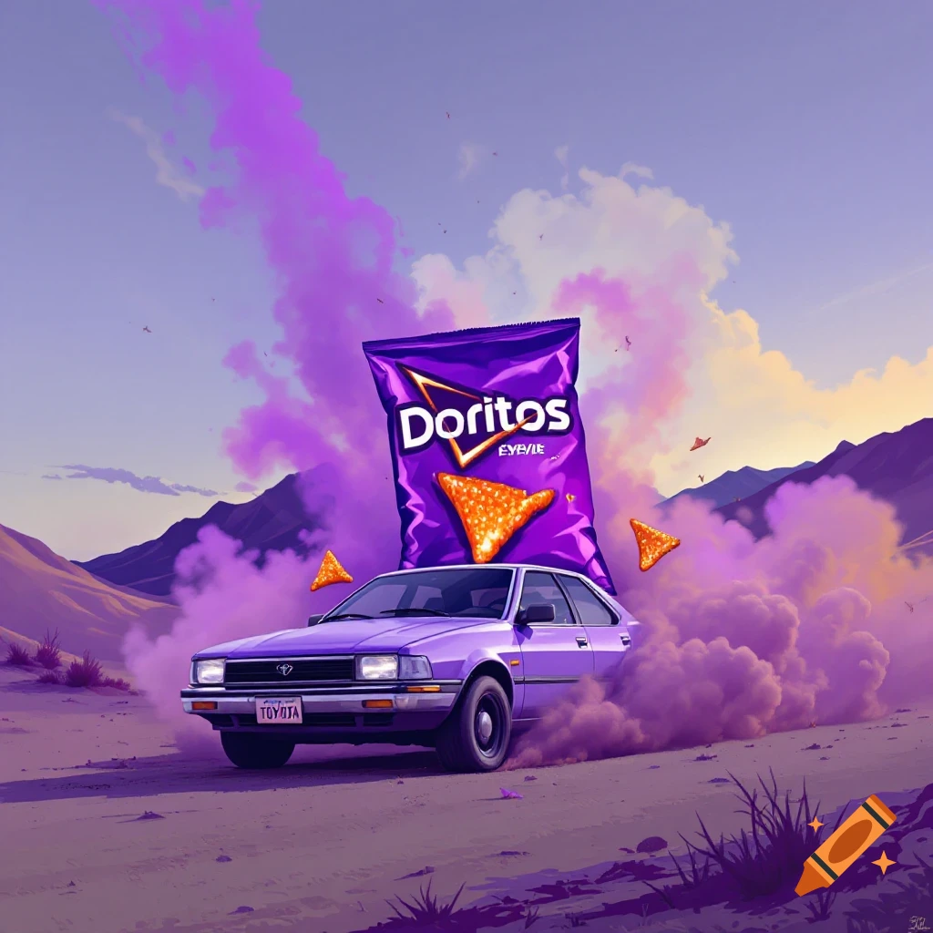 A purple car drifts in a desert with a giant Doritos bag and chips. on ...
