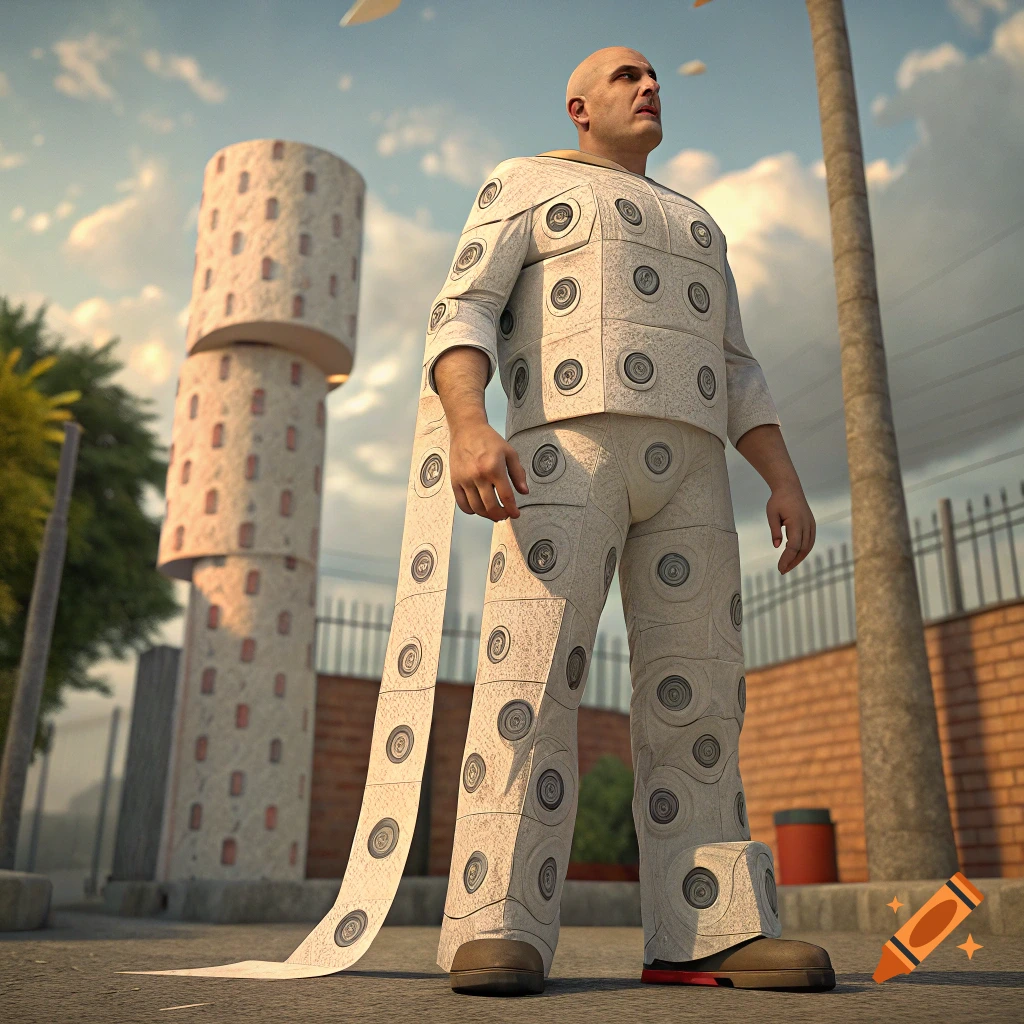 A man in a toilet paper suit stands near a tall tower of toilet paper ...