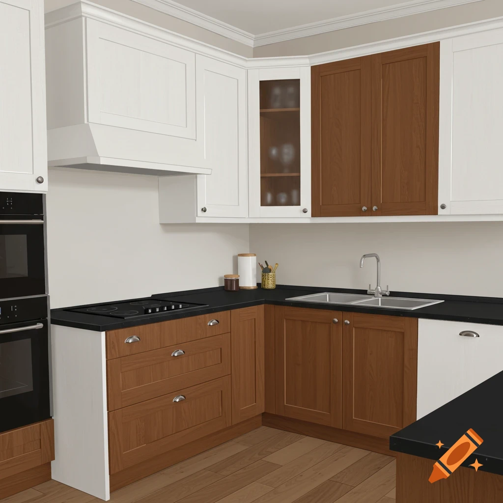 A corner kitchen with white upper cabinets, cognac lower cabinets and ...