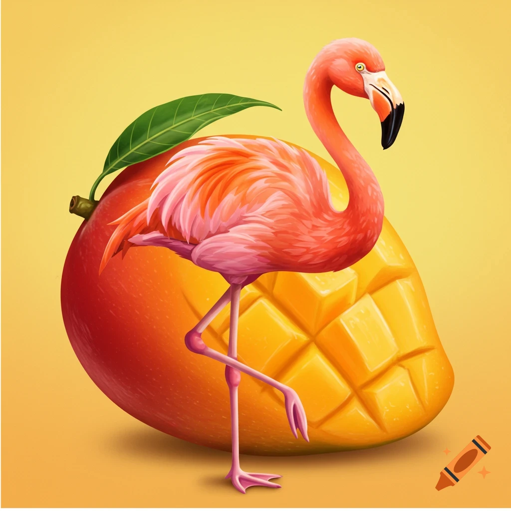 A cartoonish pink flamingo stands on a large, partially sliced mango ...