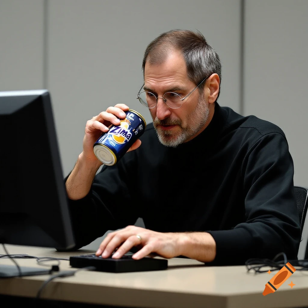 Steve Jobs drinking Zima while using a black cube computer in a ...