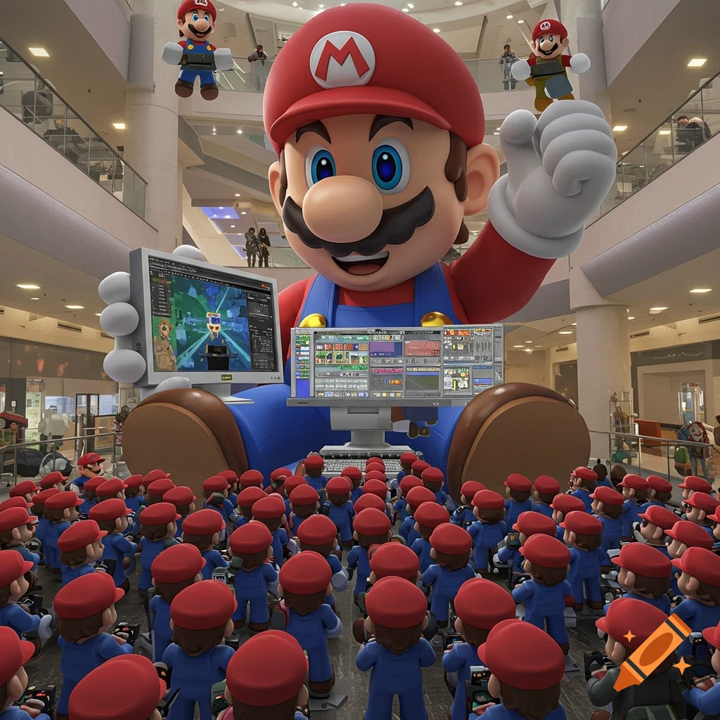Giant Mario sits in a mall holding computer screens while watched by a ...